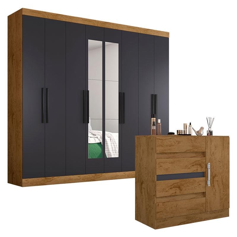 Guarda Roupa Casal 1684 com Espelho e Cômoda 8000 Freijó Carbono ...