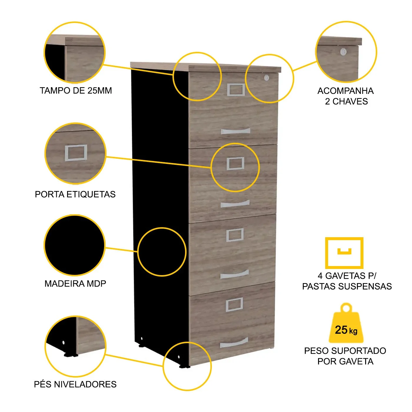 ARQUIVO DE MADEIRA 4 GAVETAS PANDIN P25 - NOGUEIRA/PRETO OP25 ...