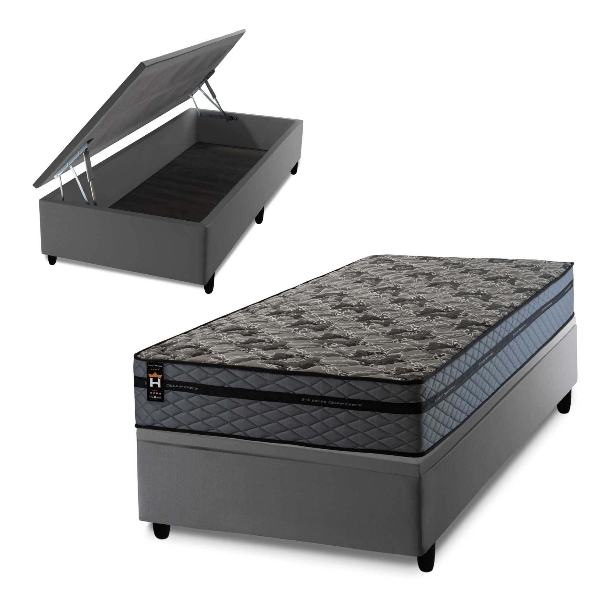 Conjunto Box Baú Solteiro Montreal Cinza 88x188x71 c/ Molas Ensacadas ...