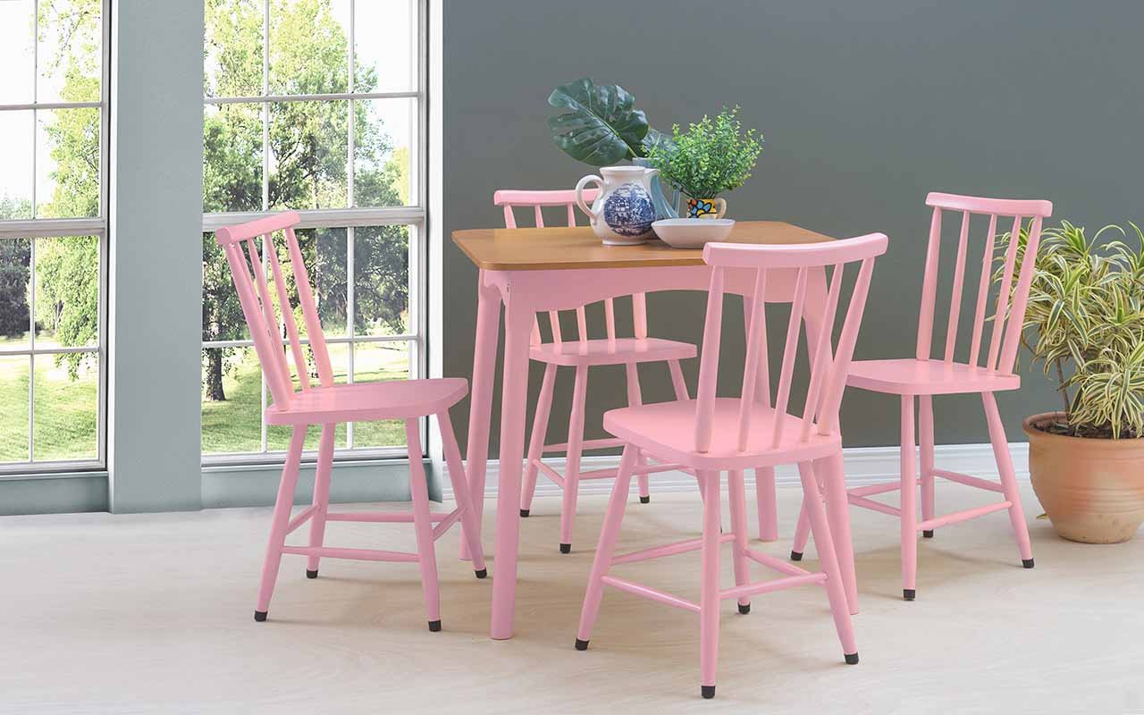 MESA COM 4 CADEIRAS MIMO 80CM JATOBÁ E ROSA BEBE | MadeiraMadeira