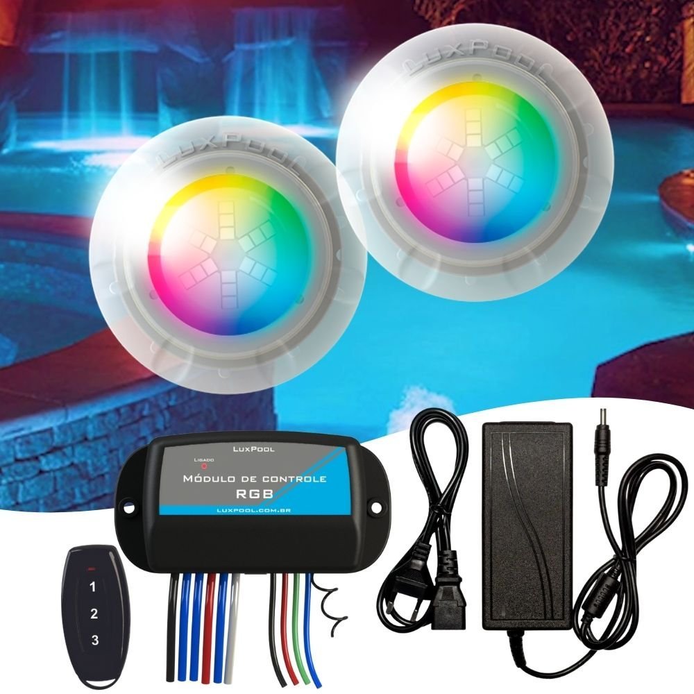 Kit Led Colorido RGB para Piscina 2 Refletores 9W e Módulo de Comando e ...