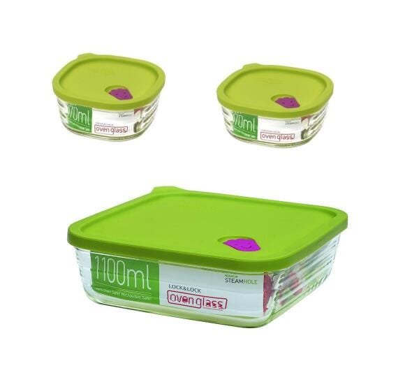 Kit 3 Potes De Vidro Hermético Lock Lock 2X 370Ml + 1100Ml | MadeiraMadeira