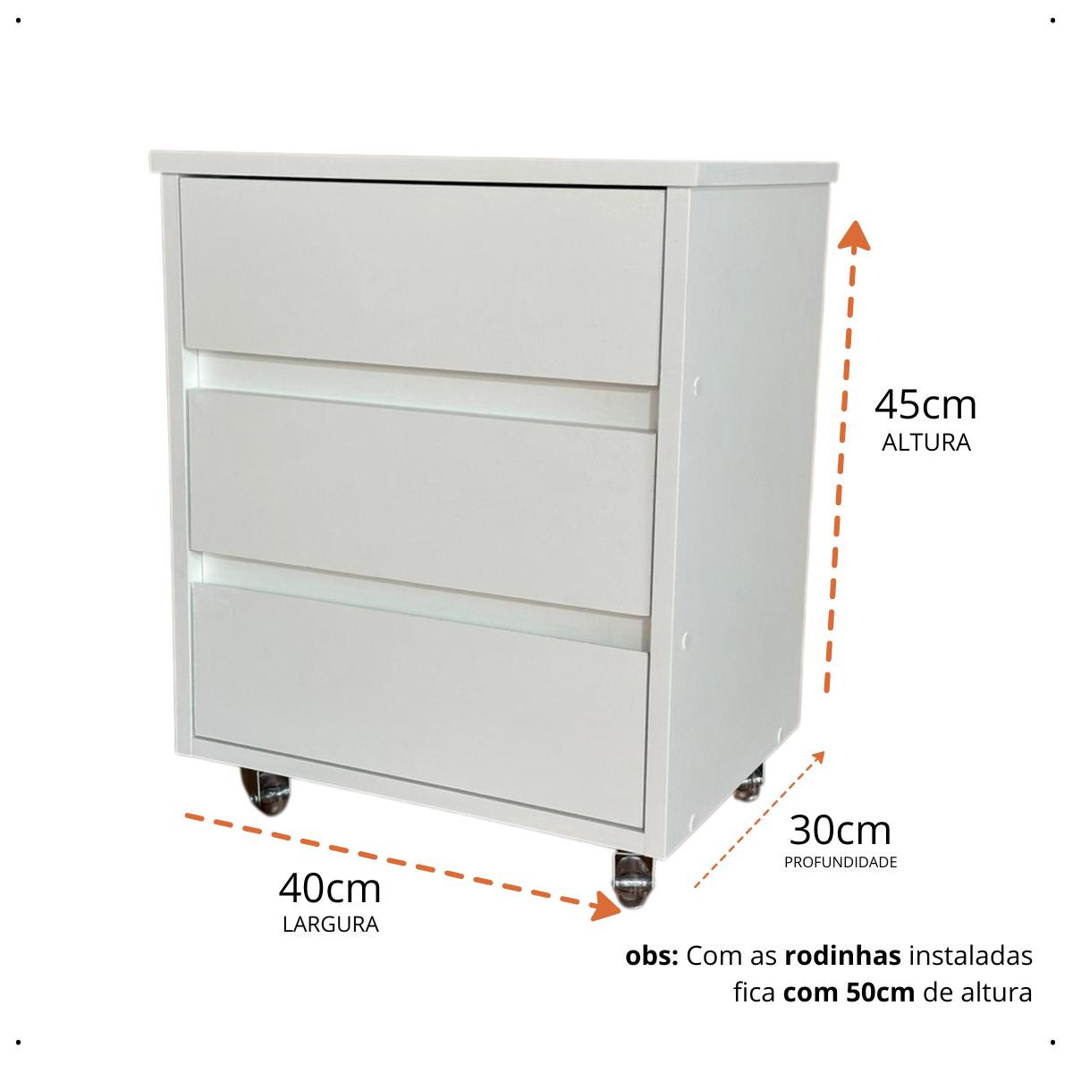 Mesa de Cabeceira 3 Gavetas com Rodinhas 40x45x30cm | MadeiraMadeira