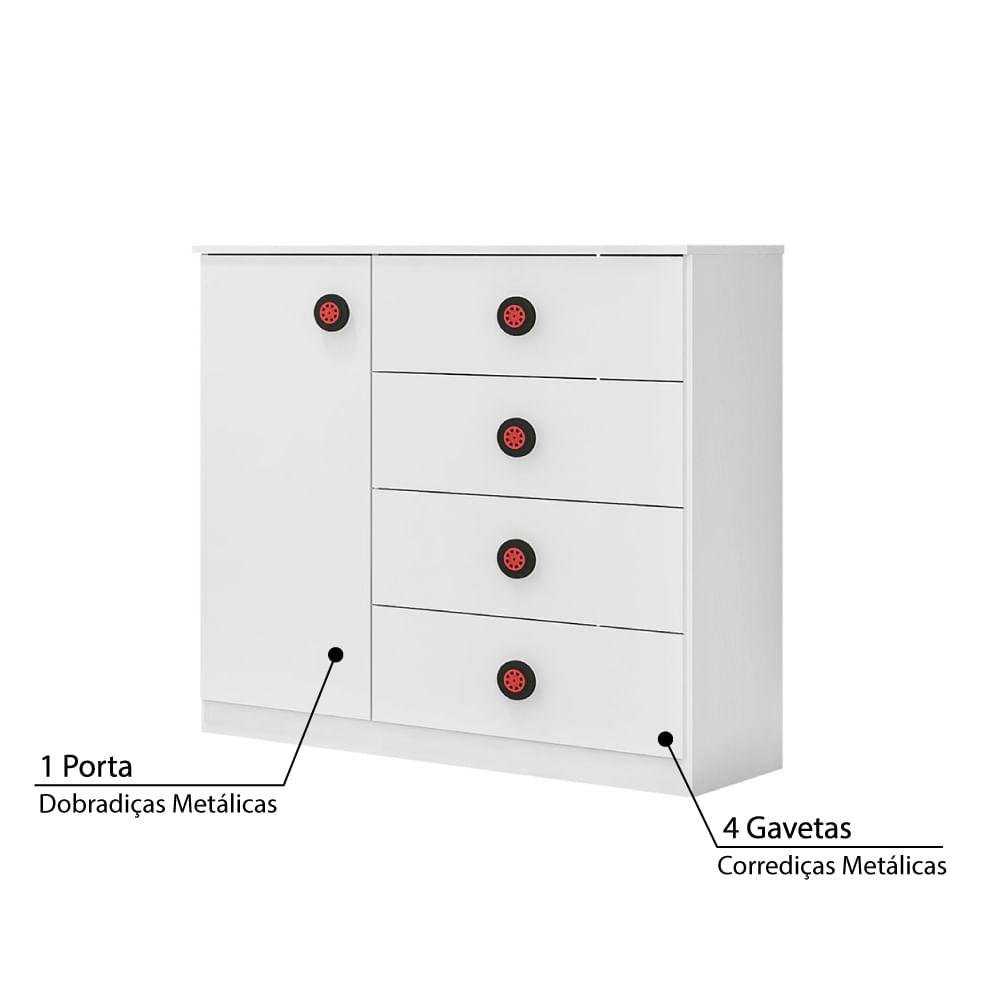 Cômoda Infantil Sport Car com 4 Gavetas - Branco | MadeiraMadeira