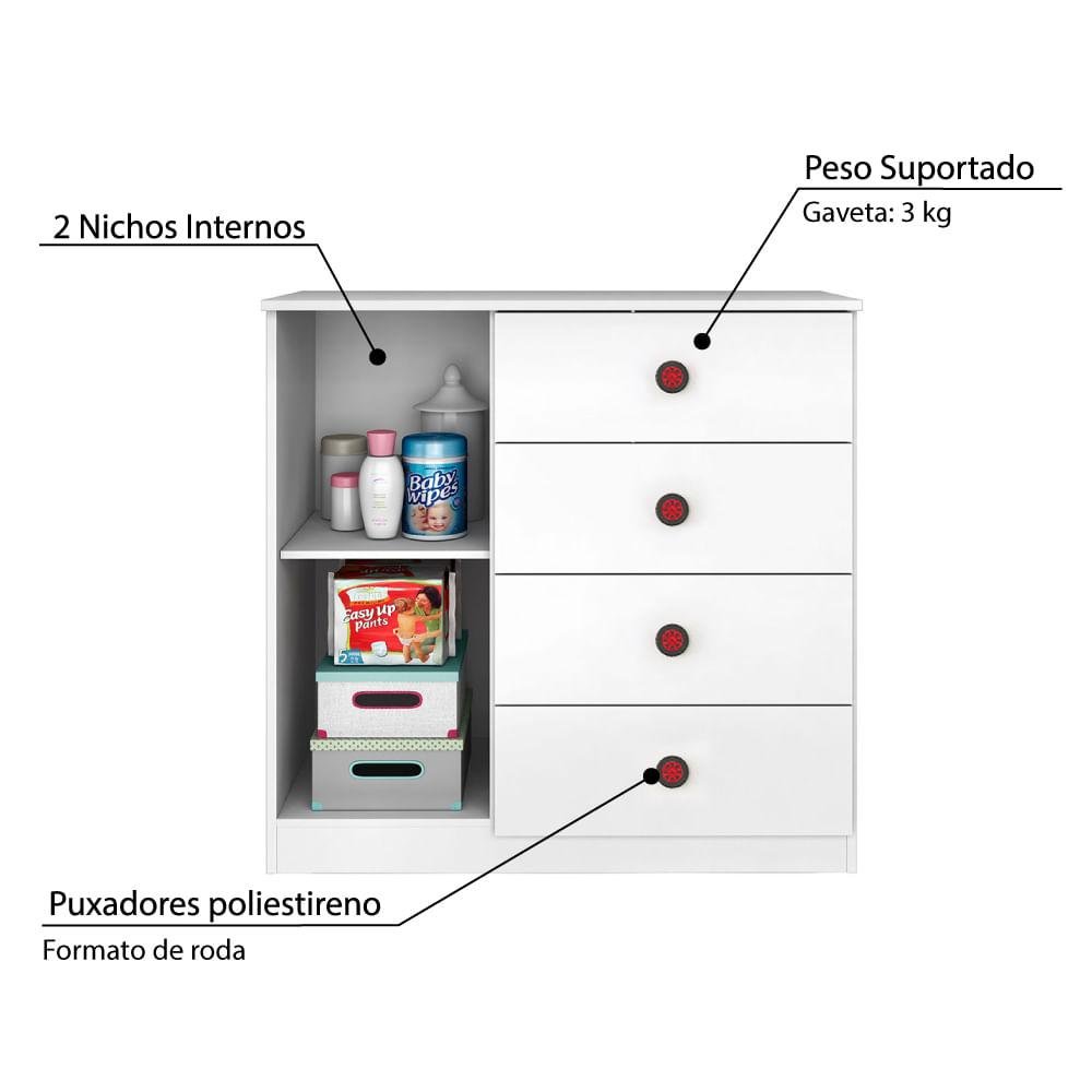 Cômoda Infantil Sport Car com 4 Gavetas - Branco | MadeiraMadeira