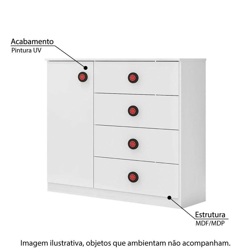 Cômoda Infantil Sport Car com 4 Gavetas - Branco | MadeiraMadeira