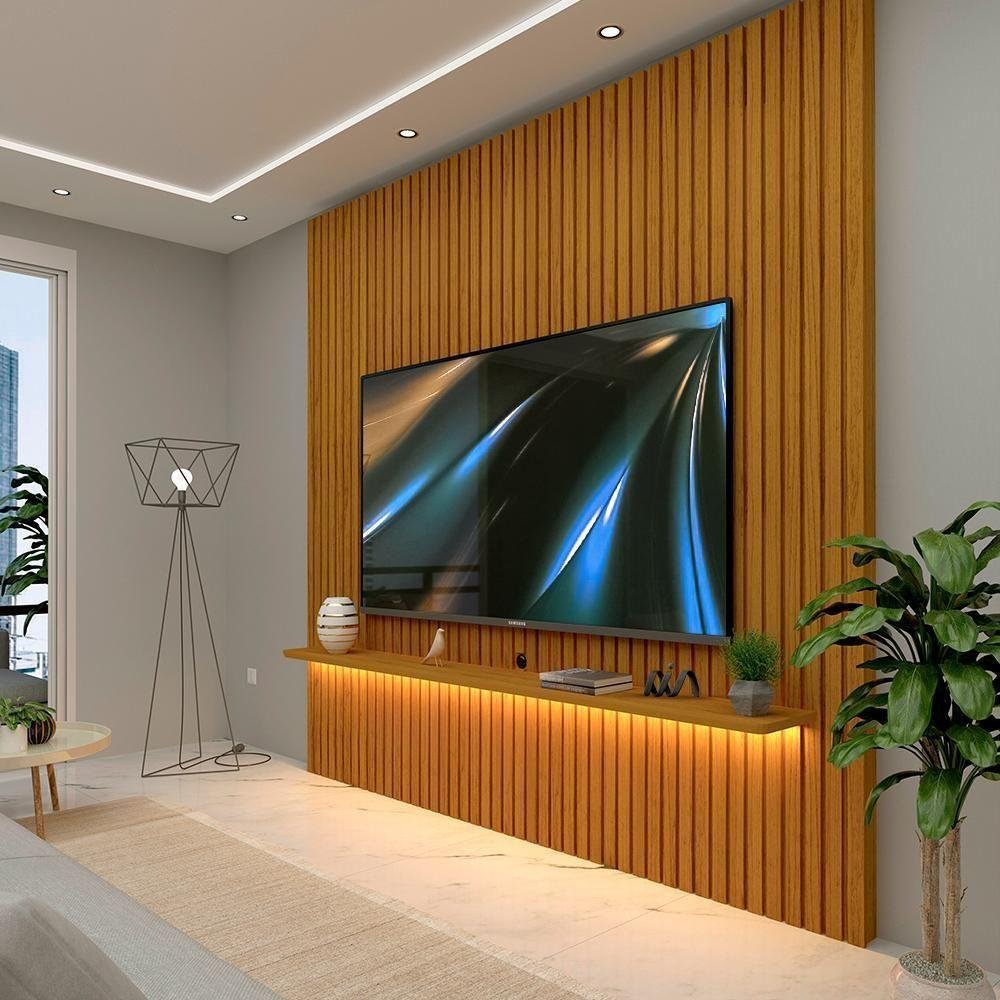 Painel Ripado para Tv até 75 Polegadas com Led 1 Prateleira Nobre 185cm Gelius Móveis Naturale ...
