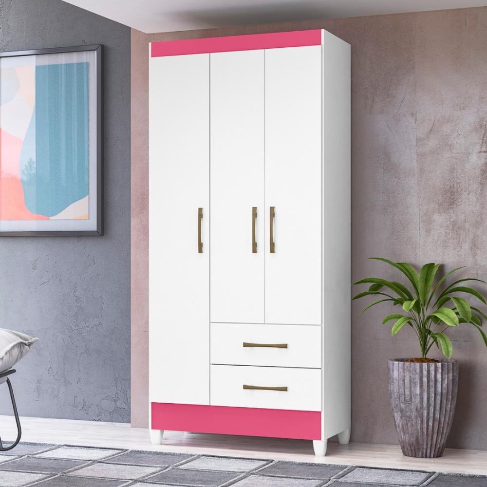 Guarda Roupa Lima 103cm 4 Portas Branco Rosa Flex Moval | MadeiraMadeira