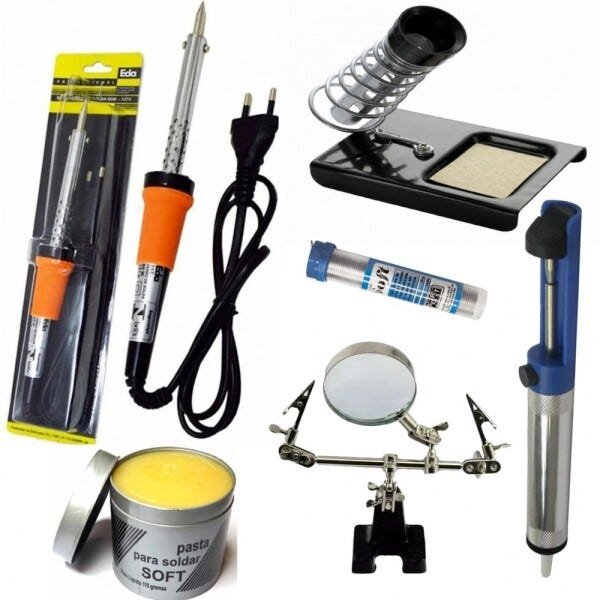 Kit Solda Ferro Tubetes Lupa Sugador e Suporte - 220V 30W | MadeiraMadeira