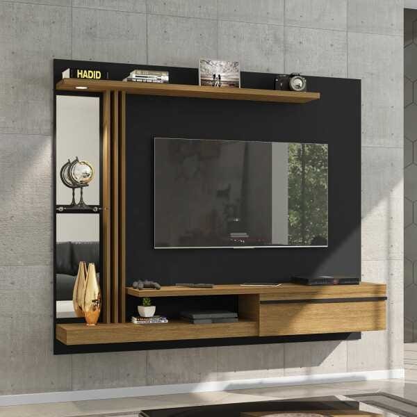 Painel para TV Denver com Espelhos e Nichos Preto Fosco/Cinamomo ...