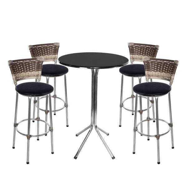 Jogo de Mesa Bistrô Cromado Tampo Preto Redondo 4 Banquetas Junco ...