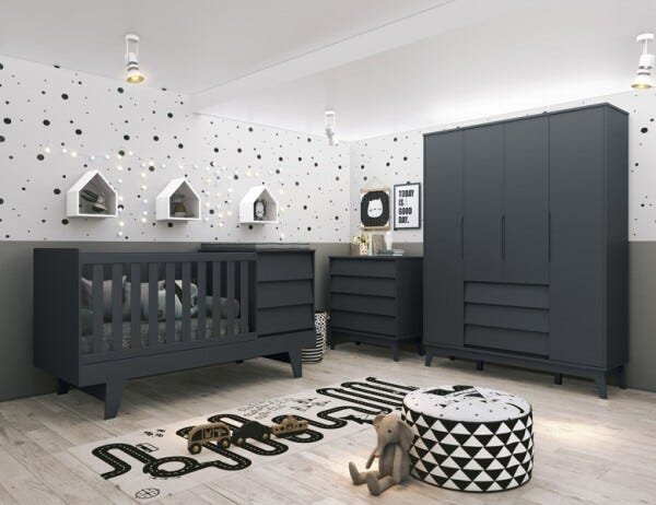 Quarto Bebê Noah Prince Grafite Berço Cômoda Roupeiro - Reller ...