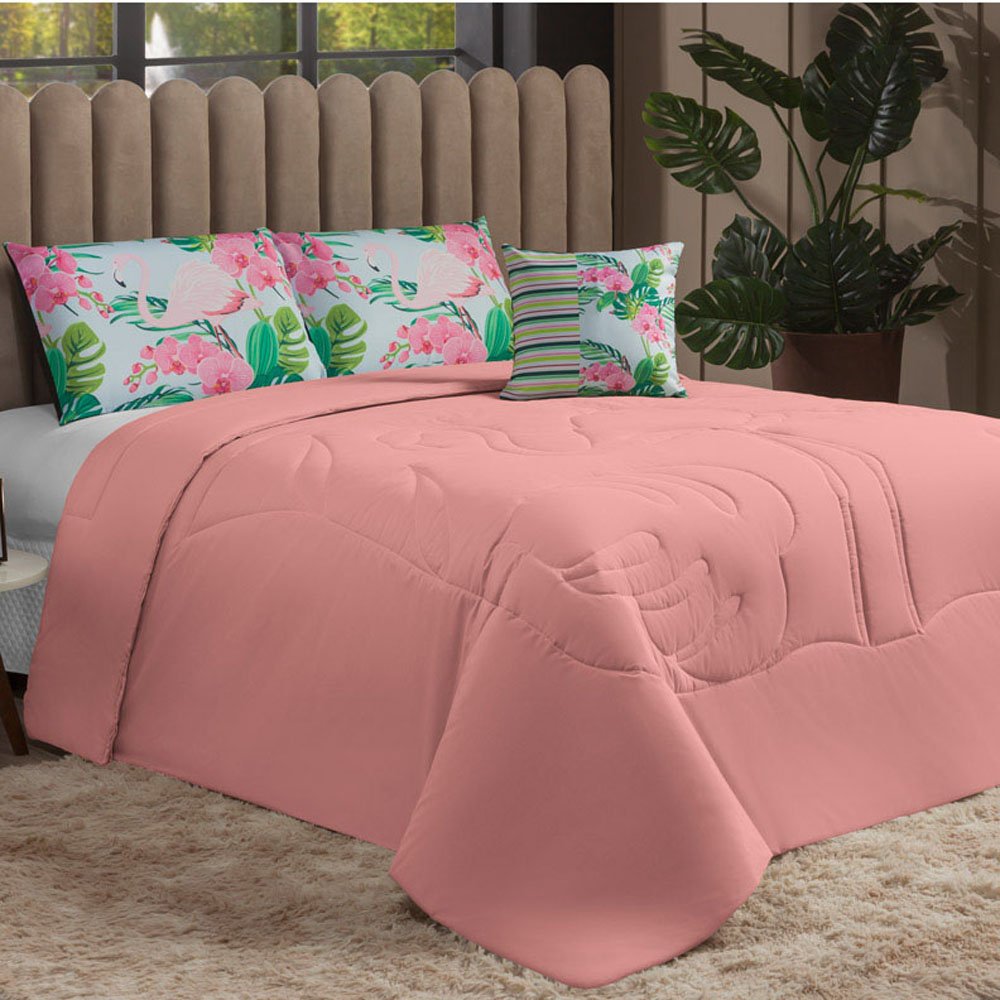Kit Edredom Tropical Flamingo Queen Microfibra Matelado 5 Peças - Rosê ...