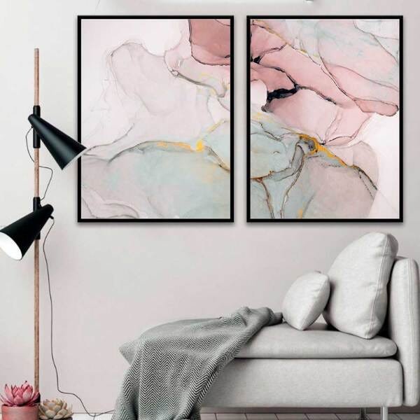 Kit Com 02 Quadros Abstratos Rosê - Clean Box 2x3-Preta | MadeiraMadeira