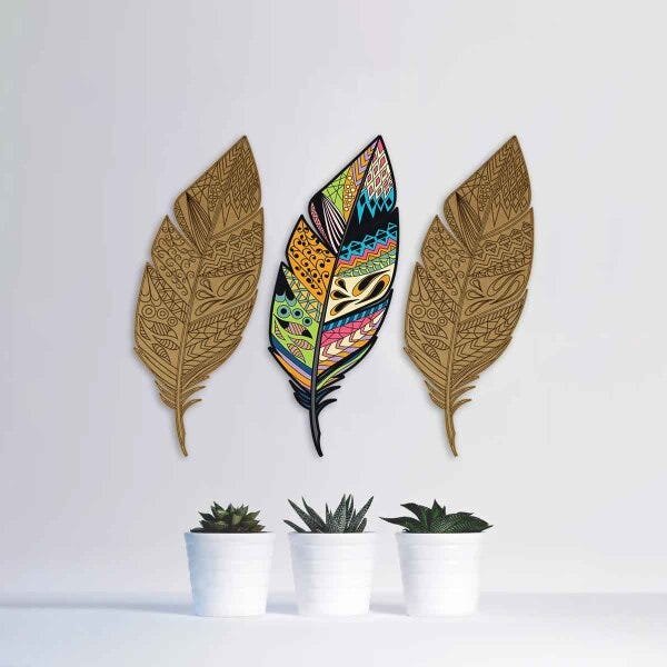 Quadro 3 Penas - Rústico Escultura de Parede - 17 X 48cm | MadeiraMadeira