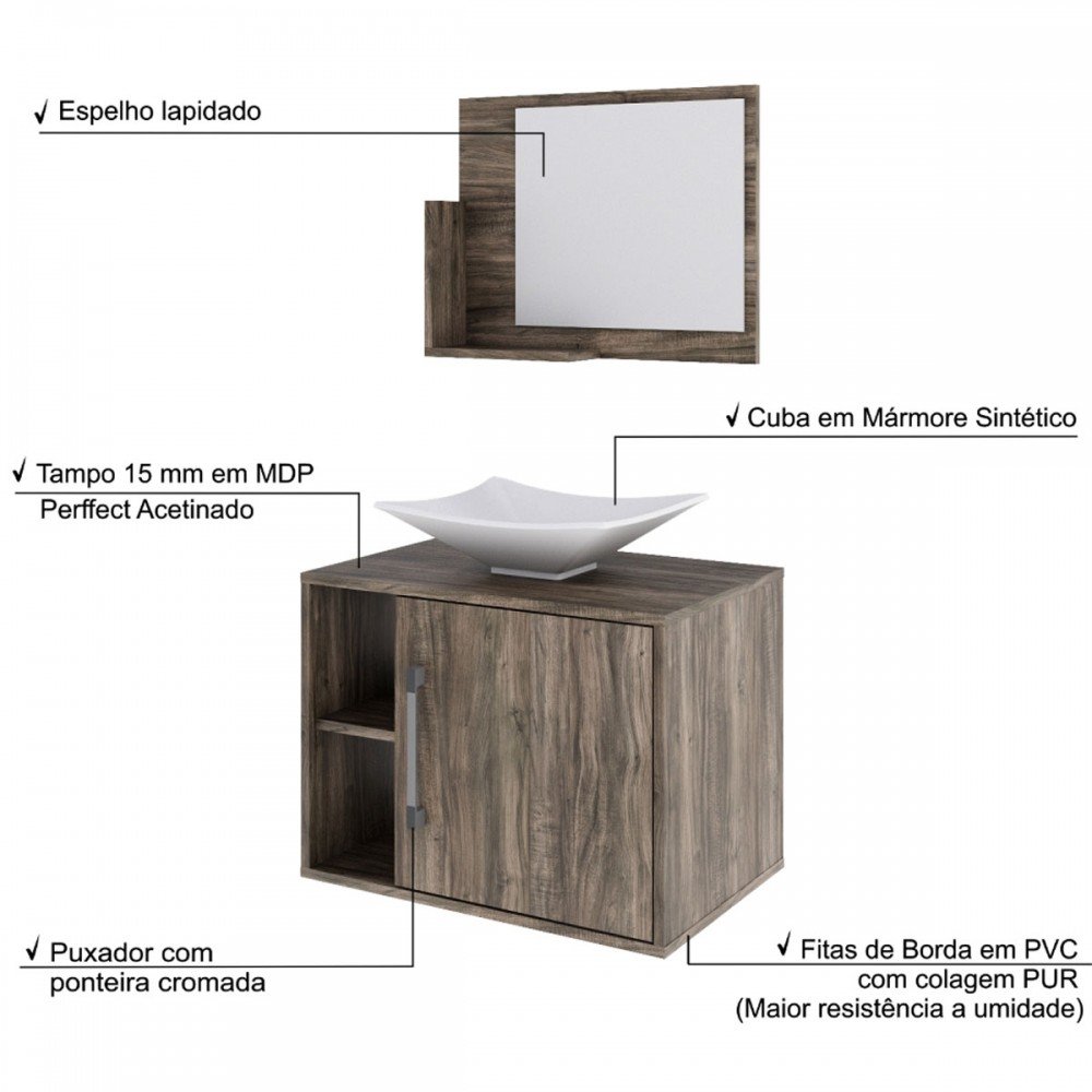 Armário de Banheiro com Cuba e Espelho 1 Porta 2 Prateleiras Carvalho Dark 13689 - Compace ...