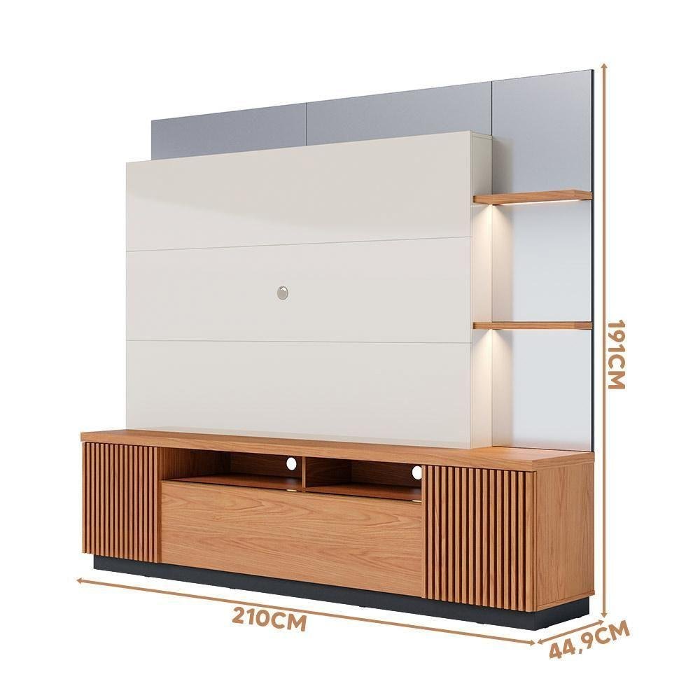 Painel Ripado com Espelho Tv até 70 Polegadas Freijó Off White Preto ...