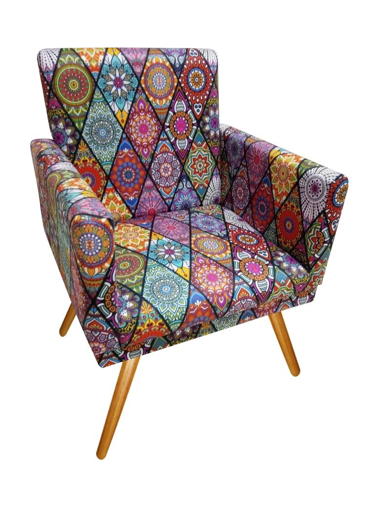 Poltrona Decorativa Bia Suede Mandala Vermelho Pés Madeira Mz Decor | MadeiraMadeira