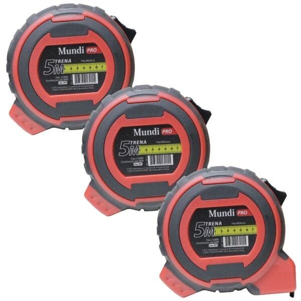 Trena Profissional 5 Metros 25mm Emborrachada Mundi - Kit com 3 ...