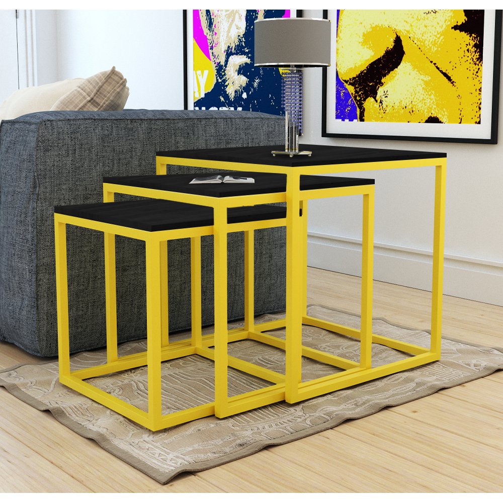 Trio Mesa Lateral Industrial Isabella Tampo Preto Base Ferro Amarelo ...