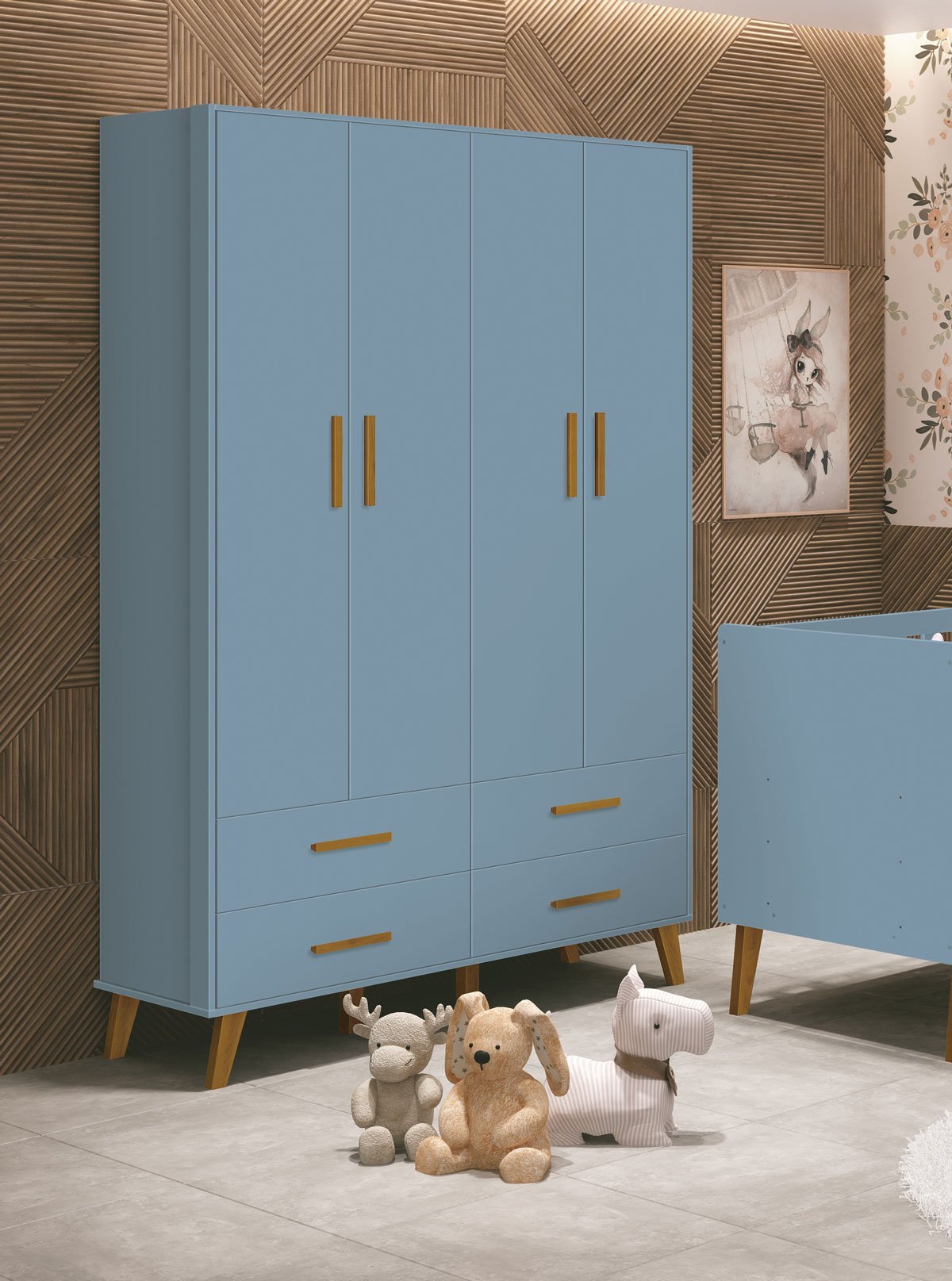 Guarda-Roupa Retrô 4 Portas Ayla Azul Fosco - Reller | MadeiraMadeira