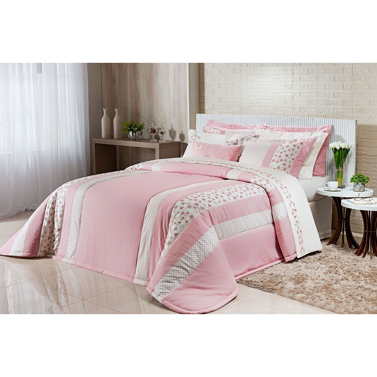 Kit Colcha Rosa Queen Size 200 Fios 100% Algodão 5 Peças 2,60m x 2,40m ...