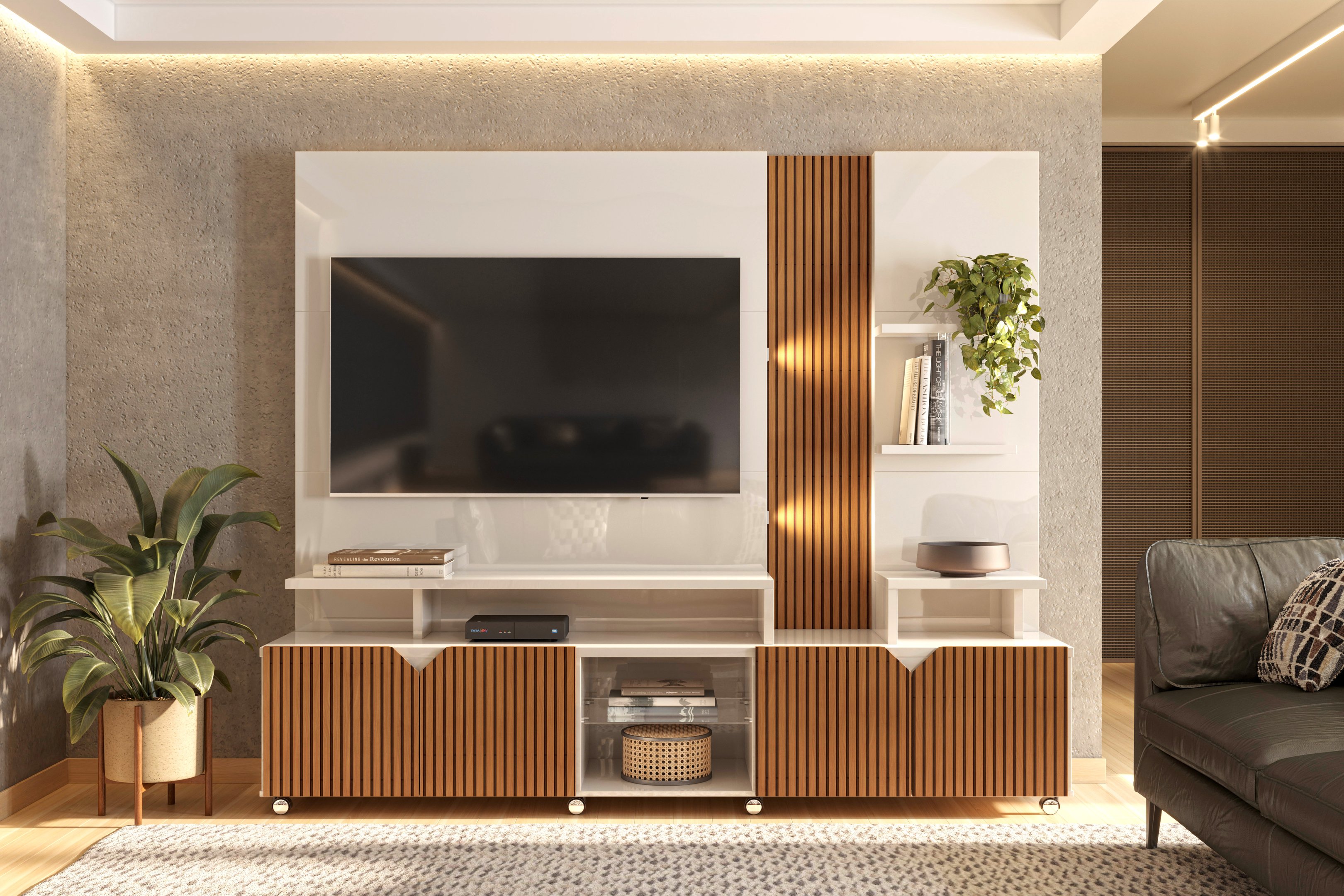 Estante Home para TV até 55 Polegadas Cross Off White/Tauari Ripado ...