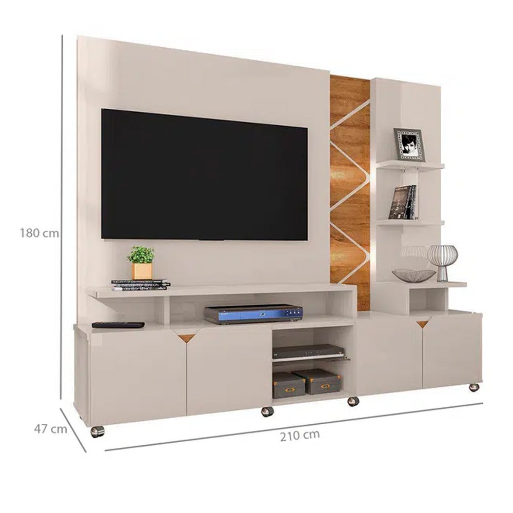 Painel TV até 55'' Polegadas 4 Portas 3 Prateleiras Off White/Amêndoa ...