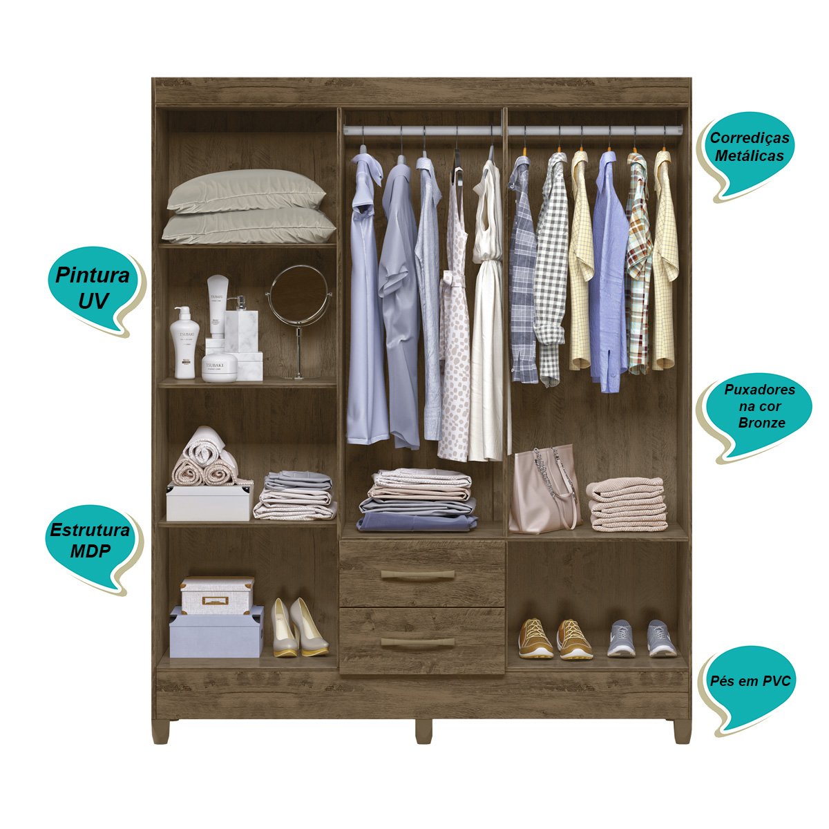 Guarda Roupa Casal 5 Portas 2 Gavetas Assis - Moval | MadeiraMadeira