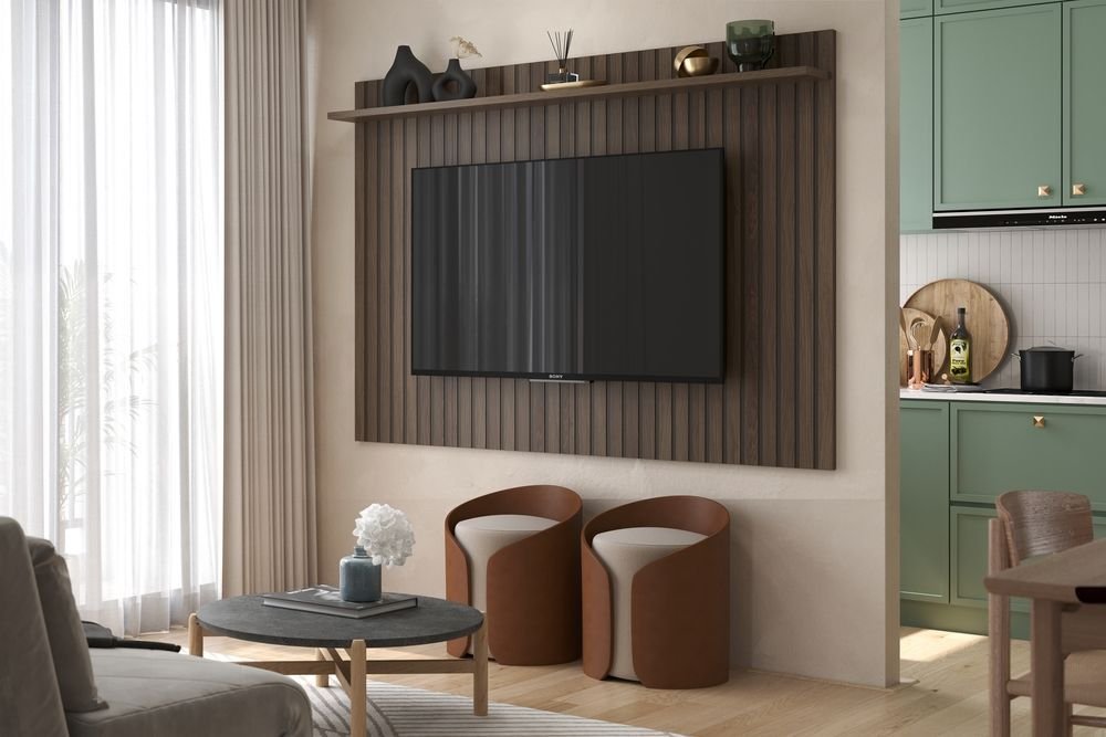 Painel Ripado Frisado com Prateleira Dallas Lukaliam:imbuia/off White ...
