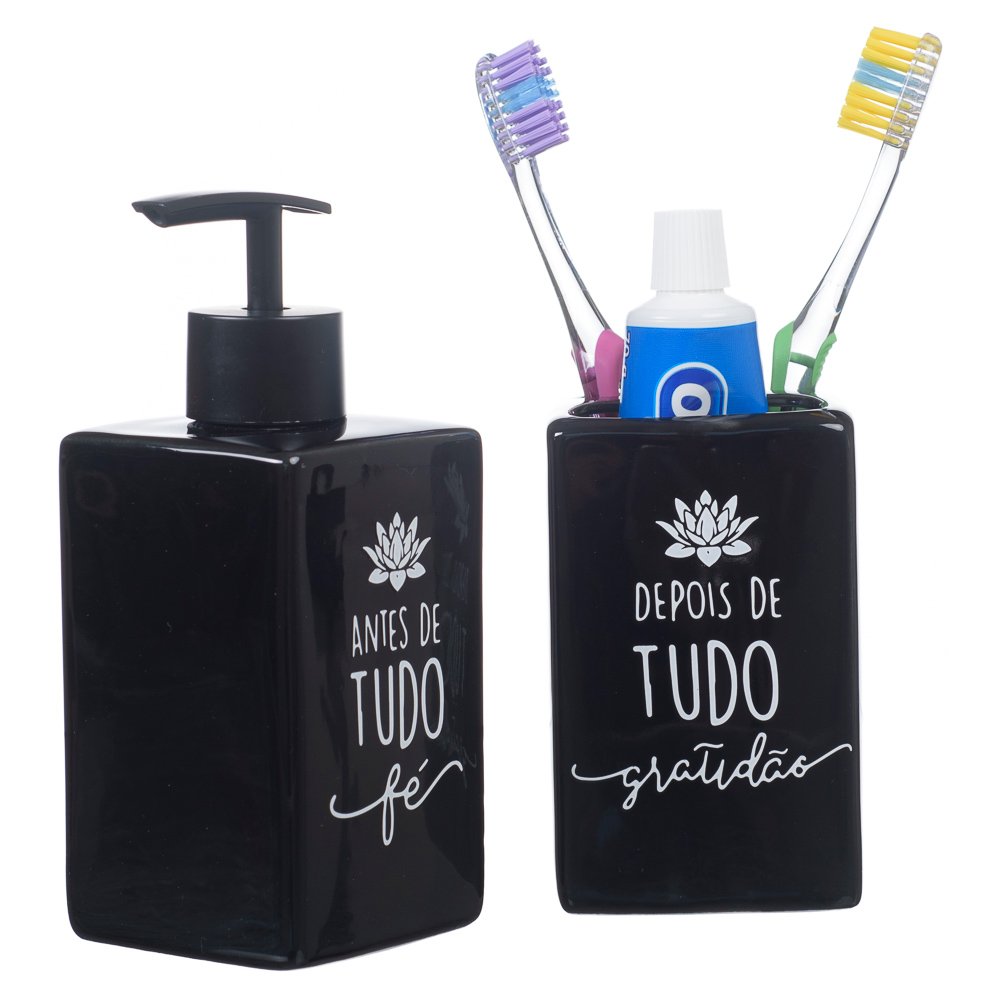 Kit Banheiro Lavabo P/ Sabonete Líquido / Fé e Gratidão Amigold | MadeiraMadeira