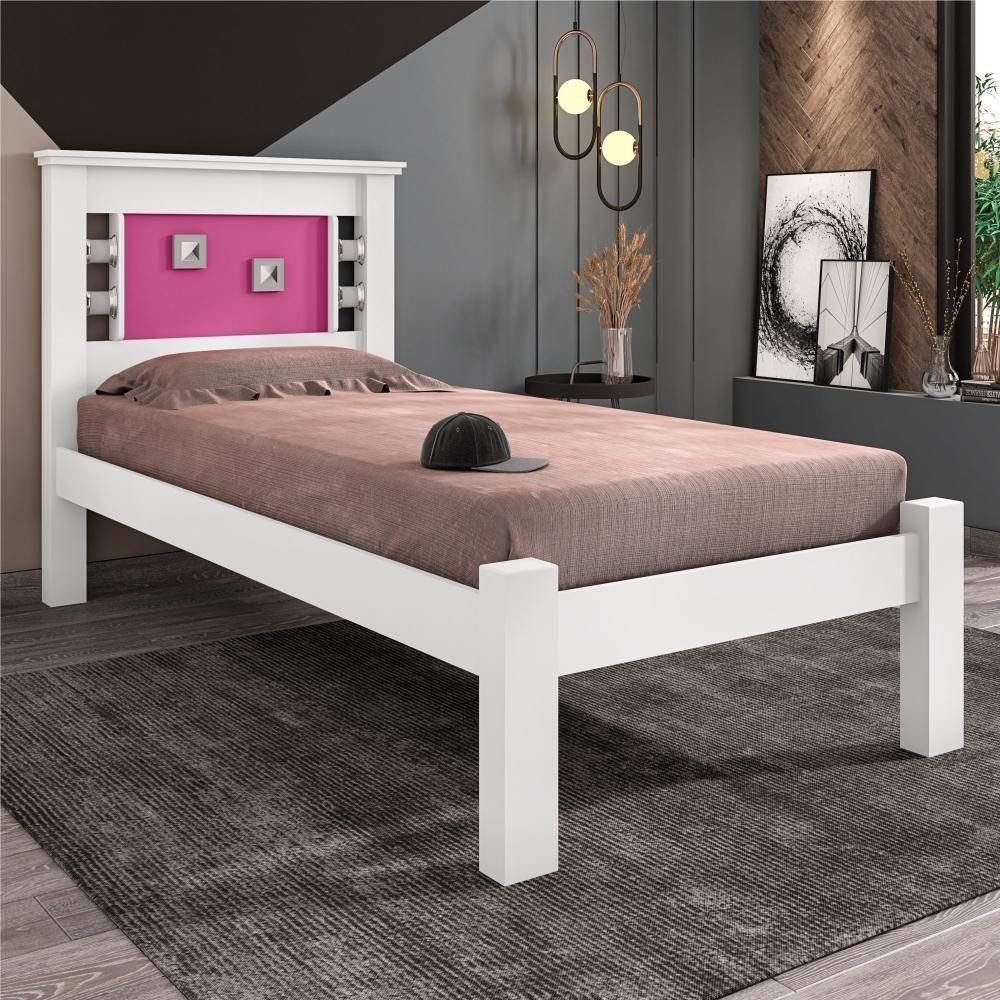 Cama Solteiro com Cabeceira Buran Branco e Rosa | MadeiraMadeira