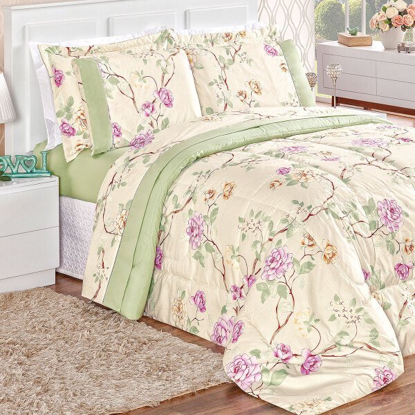 Kit Edredom Casal 3 Peças Floral Verde | MadeiraMadeira
