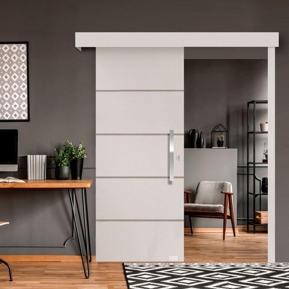 Porta de Correr Ecopratico Branco 210x100 frisada com Fechadura e ...