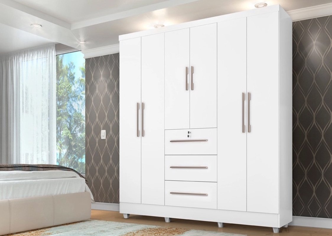Guarda Roupa 6 Portas 3 Gavetas Branco Joara J.A. Moveis 210x180x47 ...