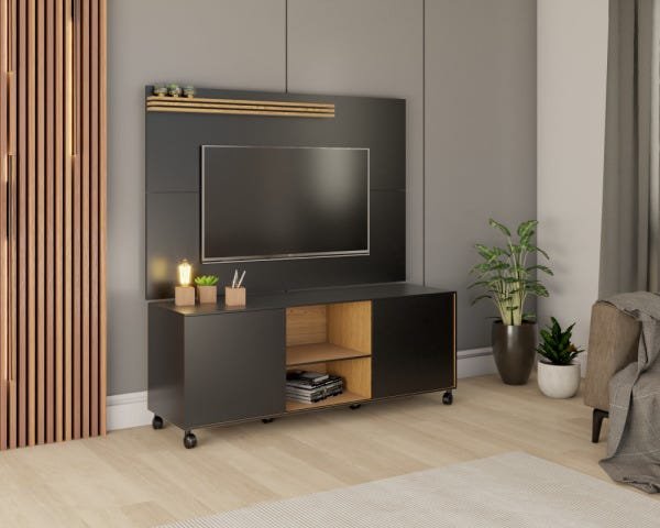 Rack com Painel Greco 136cm para TV até 55 Polegadas - Preto Fosco com Freijó | MadeiraMadeira