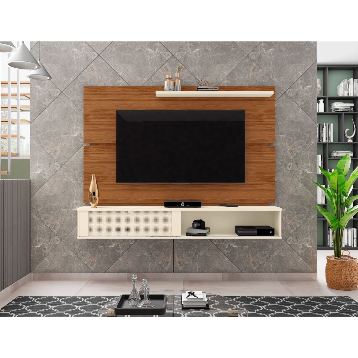 Home Suspenso Dom para TV até 75 Polegadas - Cinamomo Mel / Off White | MadeiraMadeira