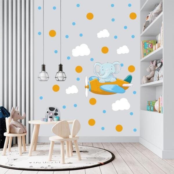 Adesivo Kit Infantil menina menino elefante avião nuvem | MadeiraMadeira