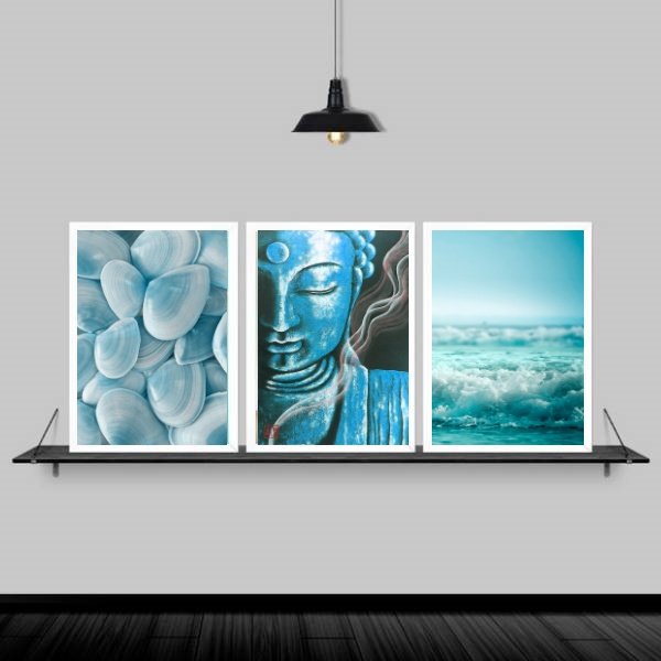 Kit 3 Quadros Zen Buda Mar Azul 33x24cm:Madeira preta | MadeiraMadeira