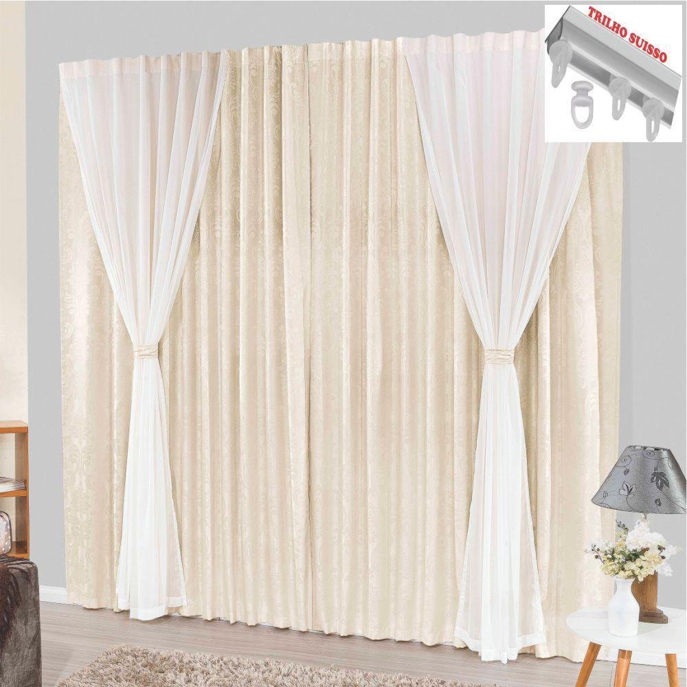 Cortina Bhaly Jacquard e Voal 4,00 X 2,50 para Trilho Suisso - Palha | MadeiraMadeira