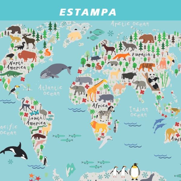 Papel de Parede - Mapa animal do mundo para crianças | MadeiraMadeira