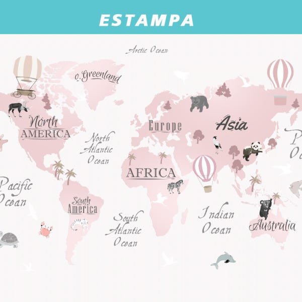 Papel de Parede - Mapa do mundo rosa | MadeiraMadeira