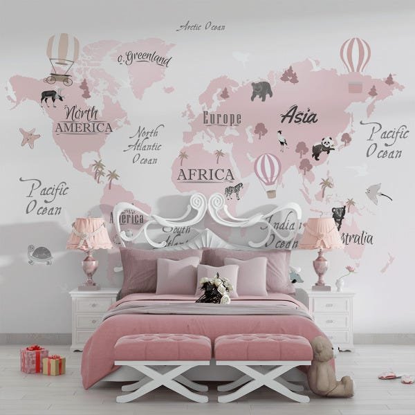 Papel de Parede - Mapa do mundo rosa | MadeiraMadeira