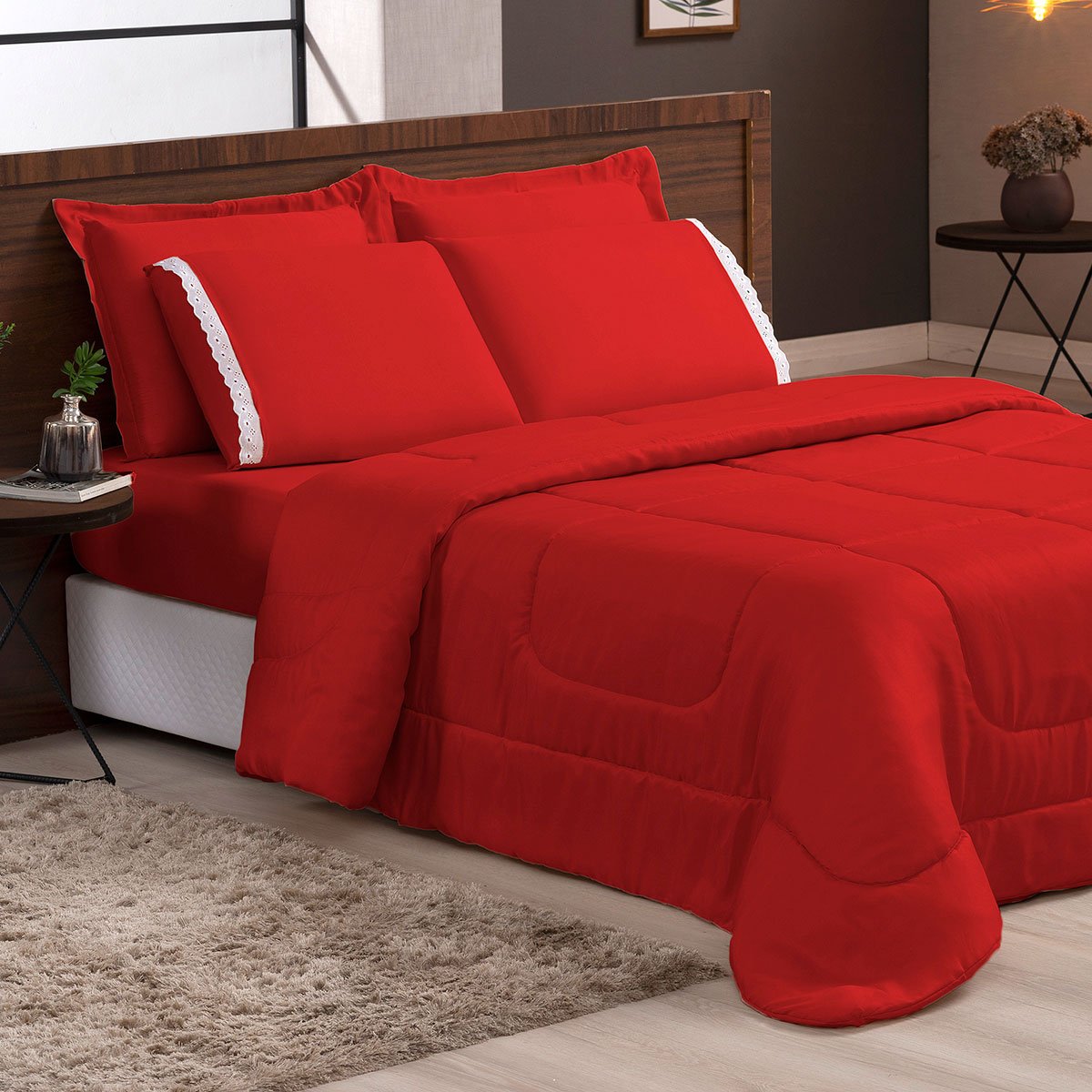 Kit Edredom Queen Microfibra Dupla Face Vermelho 6 Peças | MadeiraMadeira