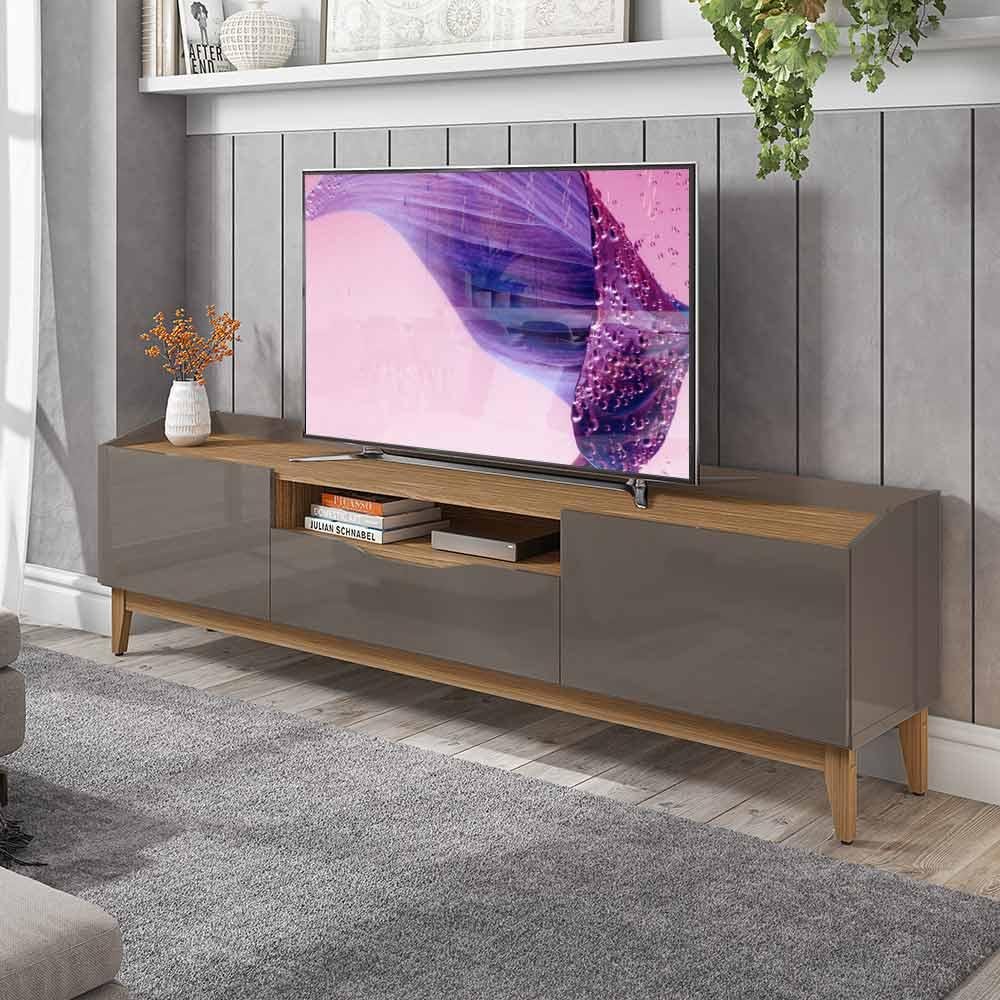 Rack Retrô 2 Portas Cinza Pérola Noce Ravena 1.80 Casa D | MadeiraMadeira