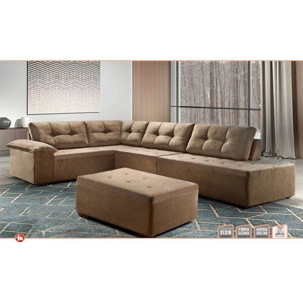 Sofá de Canto com Chaise e Puff 3,20 M89 Martins Estofados Bege Cestaplus | MadeiraMadeira