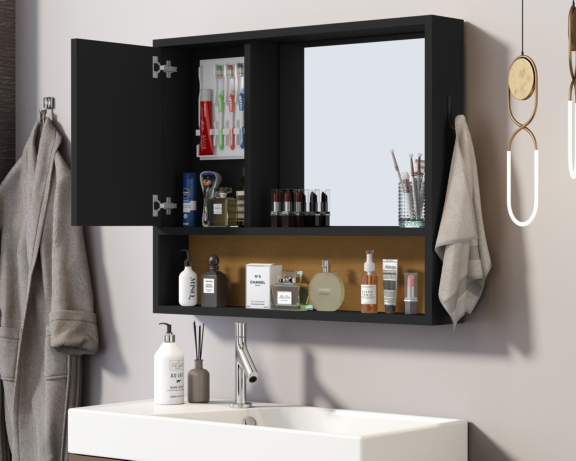 Armário Banheiro Amon Com Suporte De Escovas Preto Madeira | MadeiraMadeira