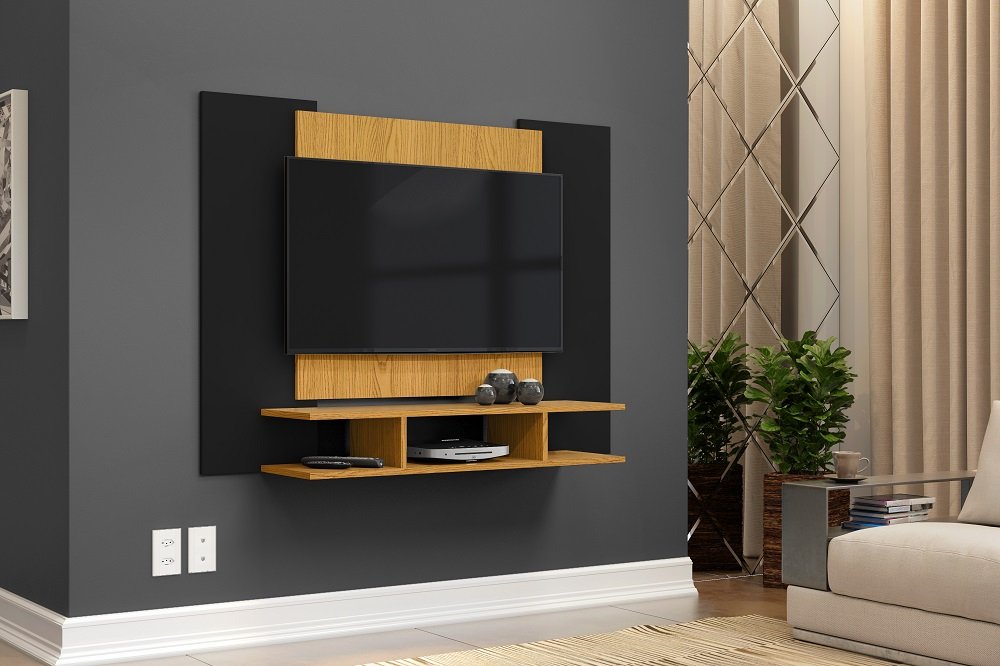 Painel TV 50 Polegadas Prateleira Flutuante 3 Nichos EJ:Preto/Nature ...