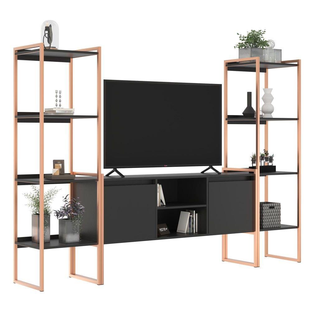 Rack para Tv e Estante Estilo Industrial Moderno Preto Cobre ...