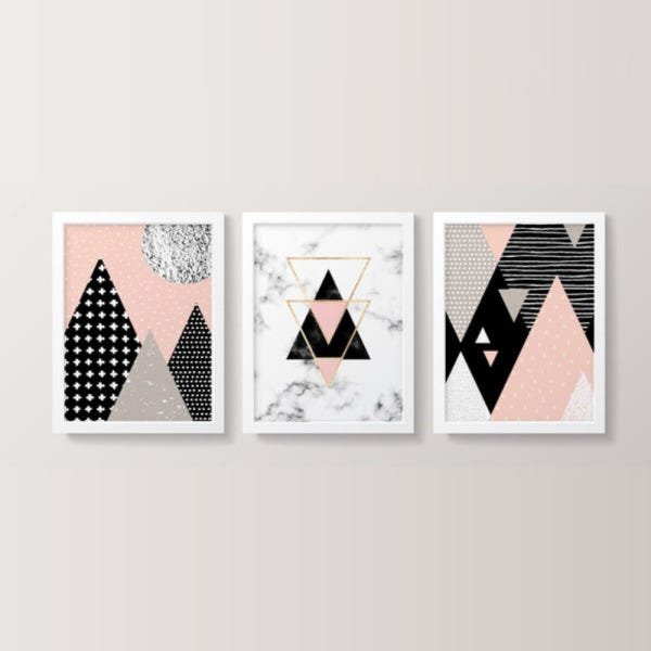 Jogo de Quadros com Moldura Triângulos Rose - 26x34cm | MadeiraMadeira